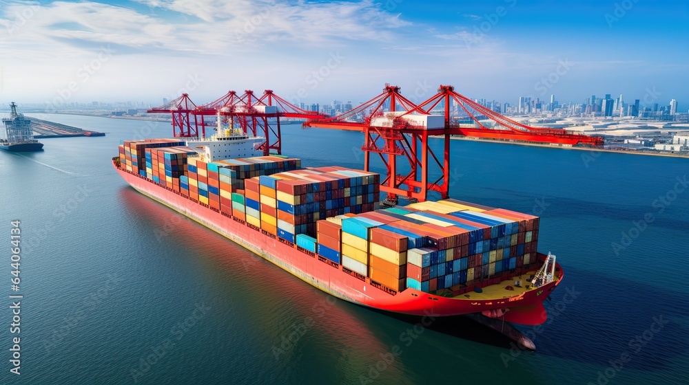 Container Cargo freight ship with working crane bridge at sunset for ...