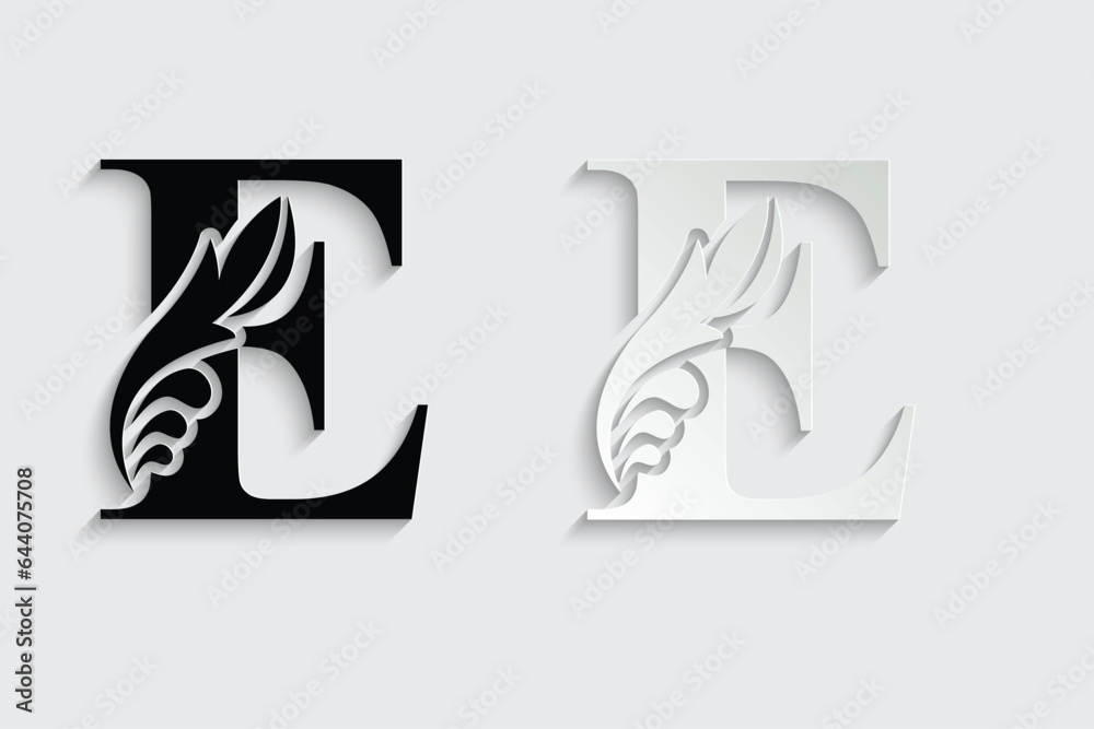 letter E. Black flower alphabet. Beautiful capital letters with shadow ...