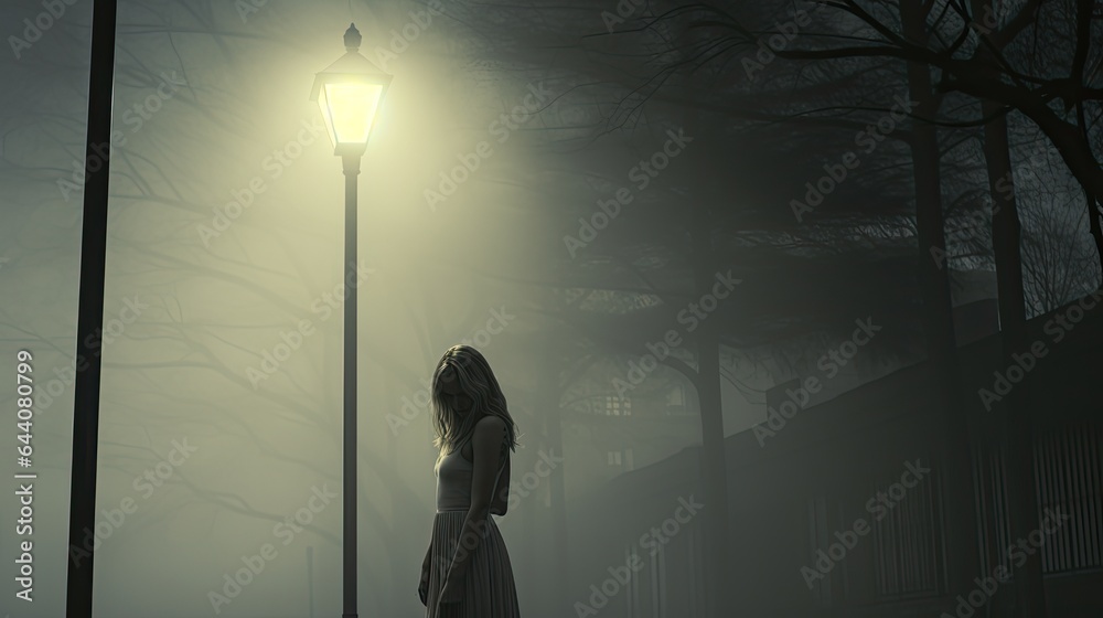 Model amidst fog under a streetlight, representing the unclear path of ...