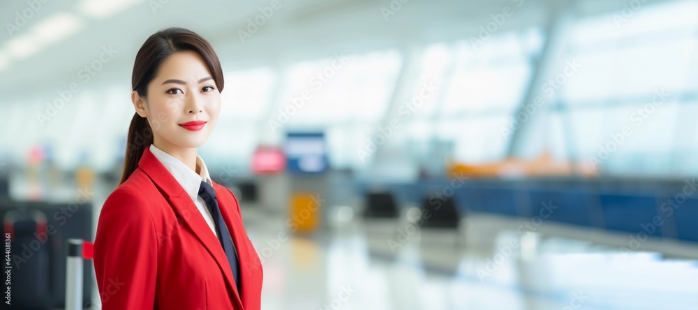 Smiling Asian female boarding agent in red uniform in an airport ...