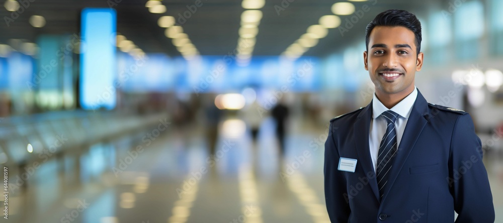 Confident Indian male flight attendant in uniform in an airport ...
