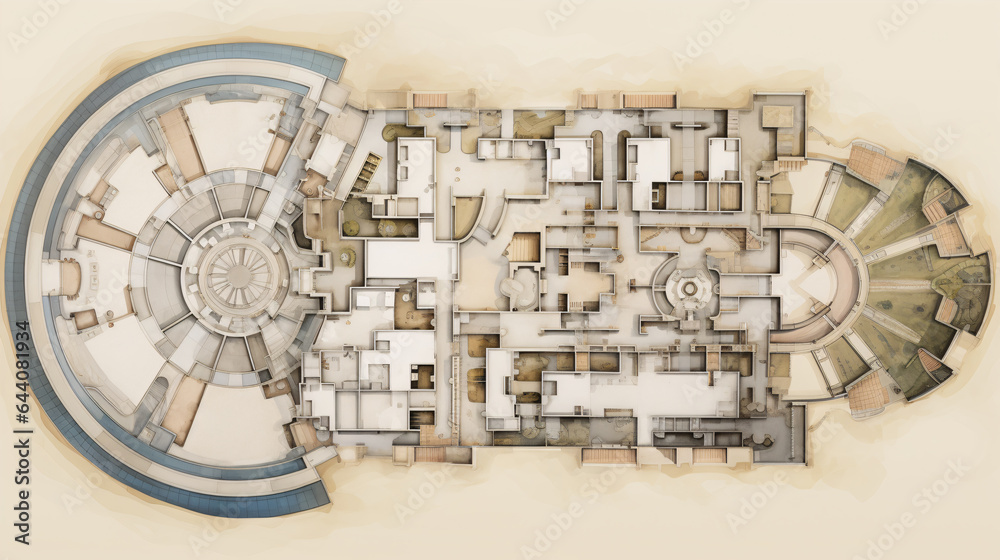 The top view reveals an intricate architectural layout, showcasing a ...