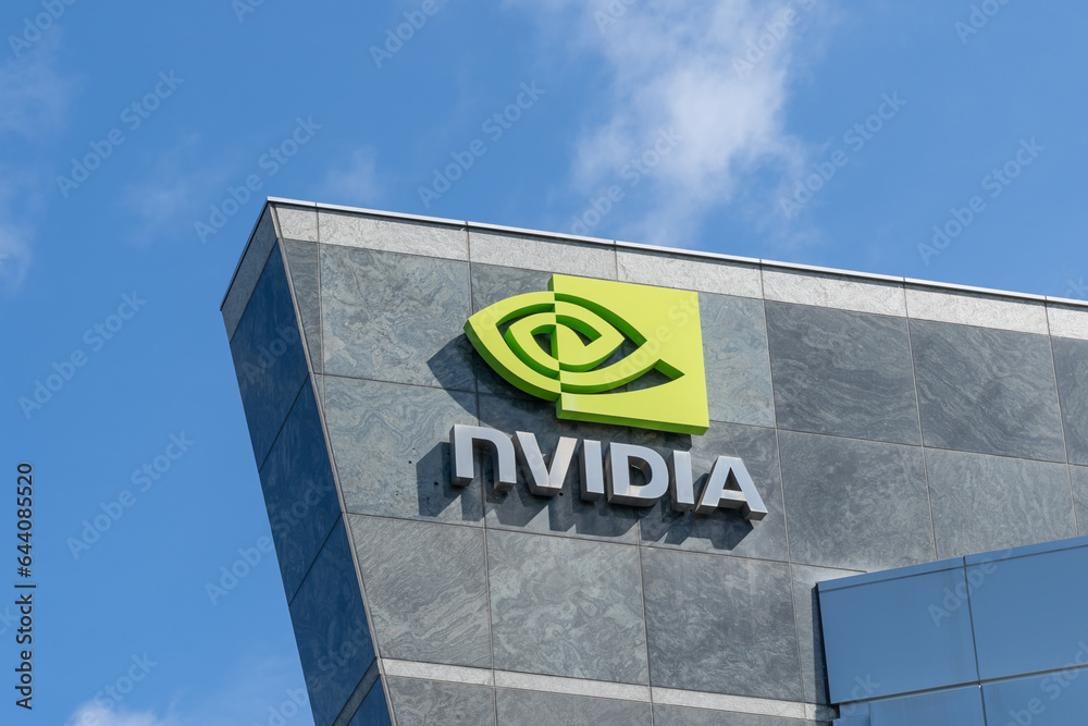 Close up of Nvidia logo and sign on the building at the headquarters in ...