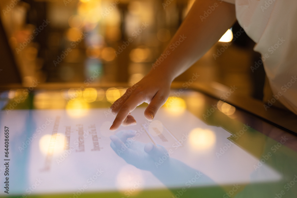 A woman uses an interactive touch screen display at a trade show ...