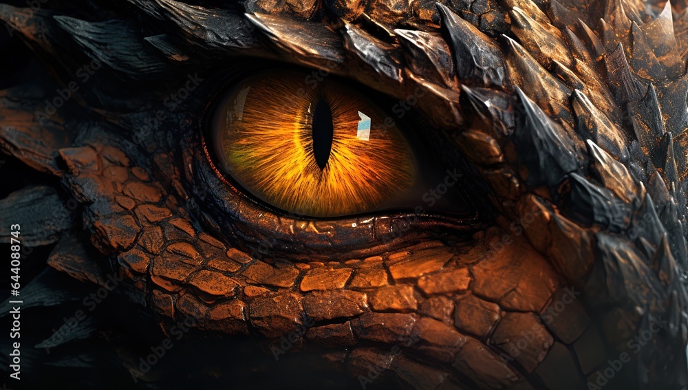 Golden eye of the dragon, dragon eye is staring, glowing in the dark ...