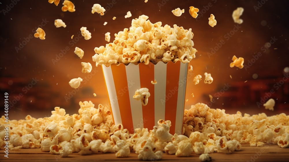 Red white popcorn bag with exploding popcorn in front of a dark ...