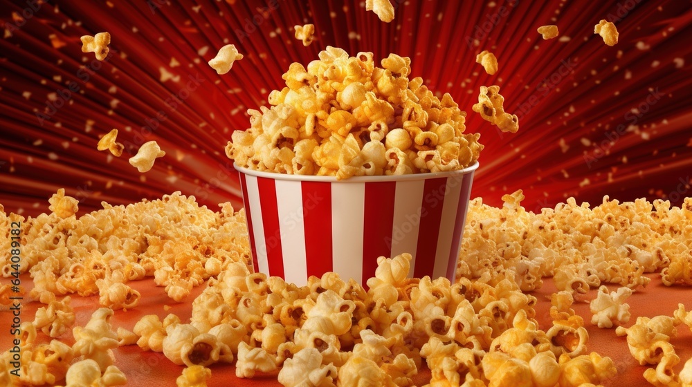 Red white popcorn bag with exploding popcorn in front of a dark ...
