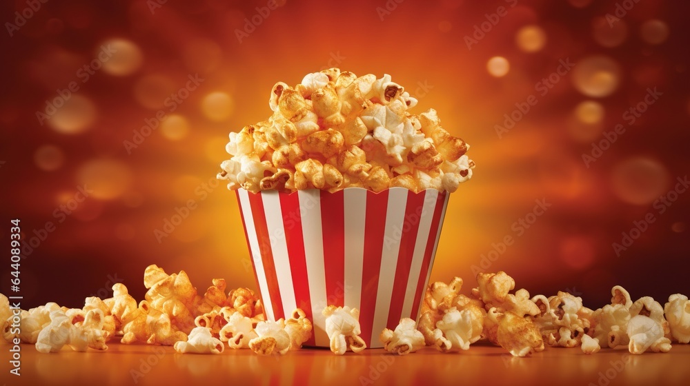 Red white popcorn bag with exploding popcorn in front of a dark ...