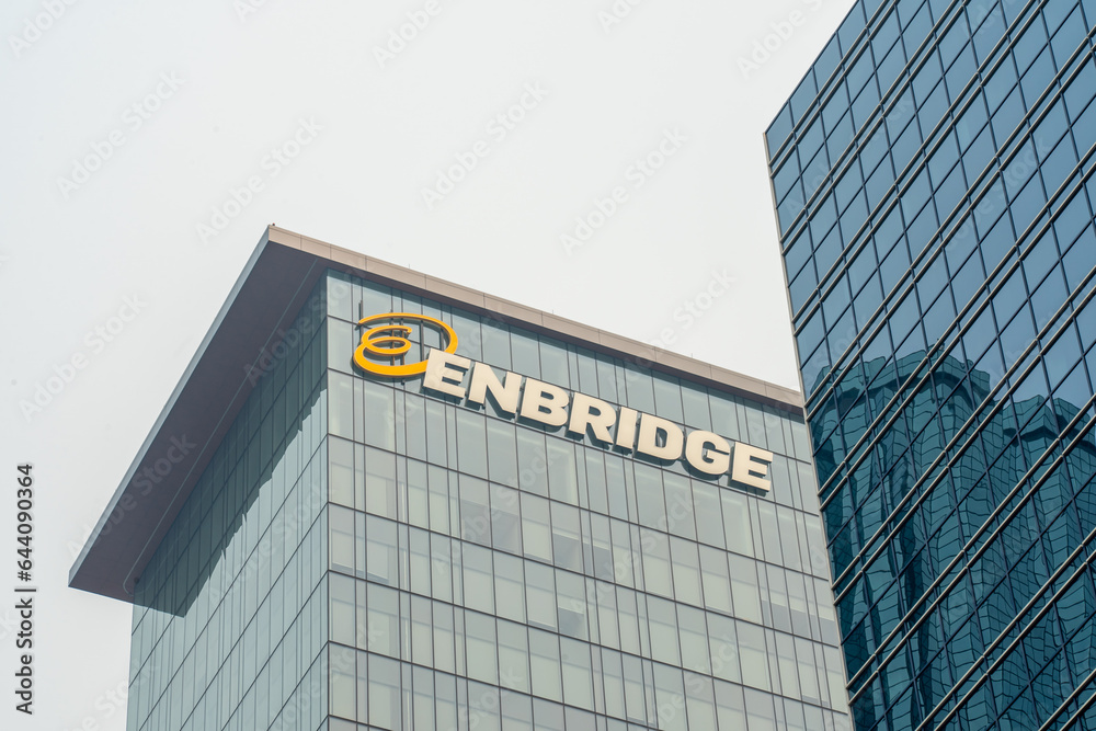 Enbridge logo and sign on the Enbridge Centre building in Edmonton, Alberta, Canada - July 14 ...