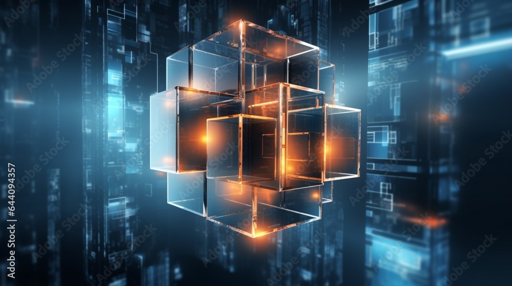 Abstract 3d rendering of a flying cube. Sci fi shape in empty space ...