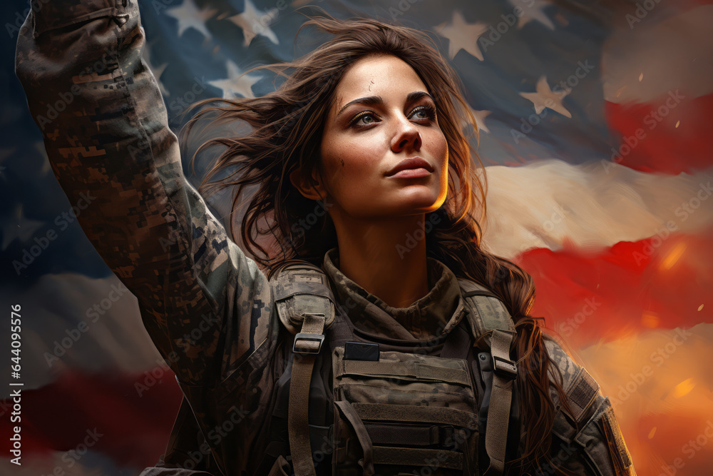 Veterans Day. A female soldier. Waving, hands up in the air. In front ...