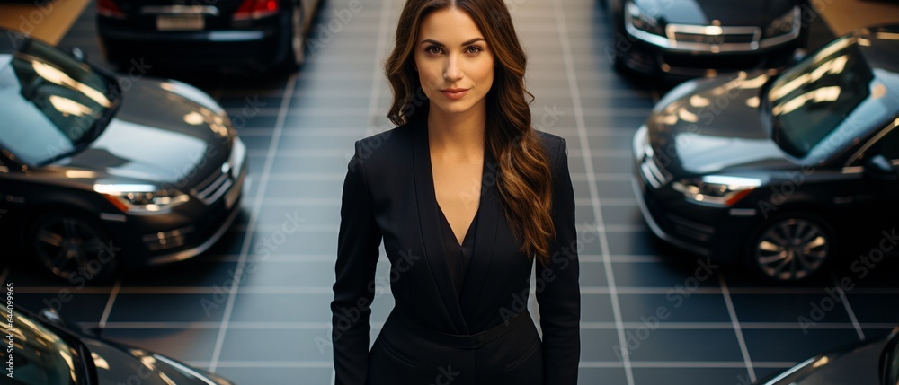 Top view image of a female motorist at a vehicle showroom, standing ...