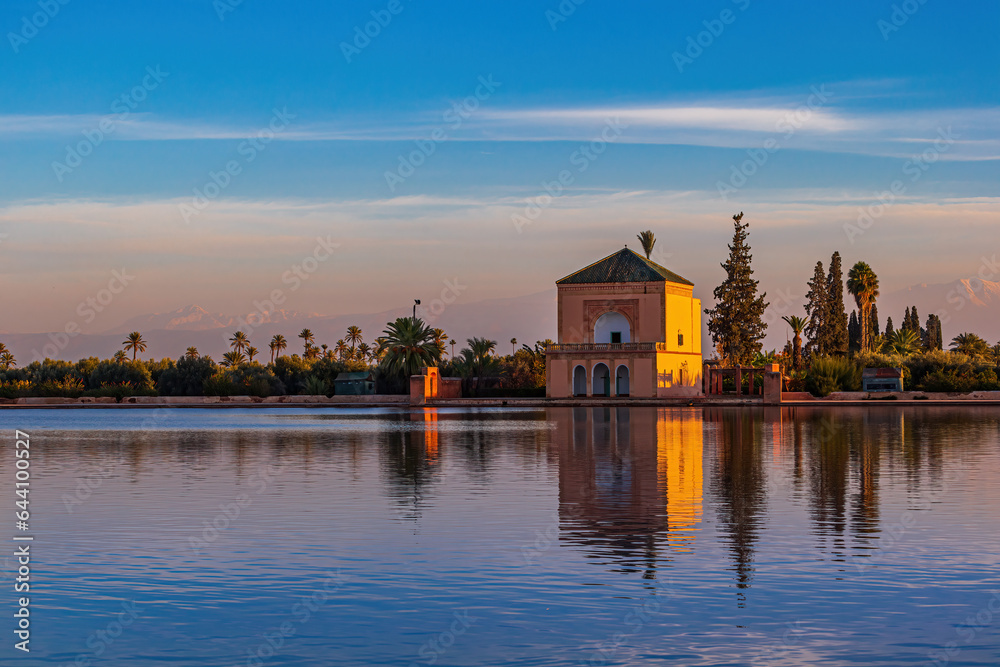 Saadian Pavillon at Menara gardens with Atlas mountains in Marrakech ... Saadian Pavillon at Menara gardens with Atlas mountains in Marrakech ...