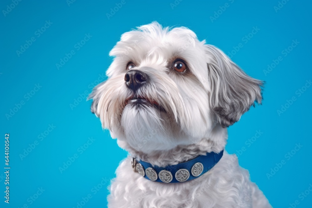 Lifestyle portrait photography of a cute havanese dog wearing a spiked ...