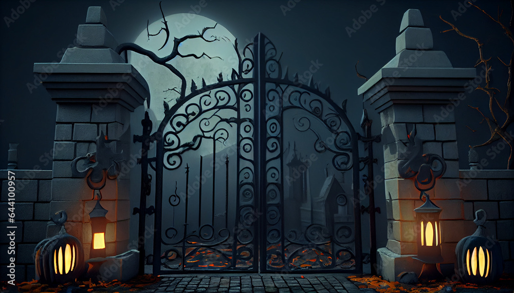 Jack O' Lanterns at Spooky Churchyard Gate. Halloween background, Ai ...