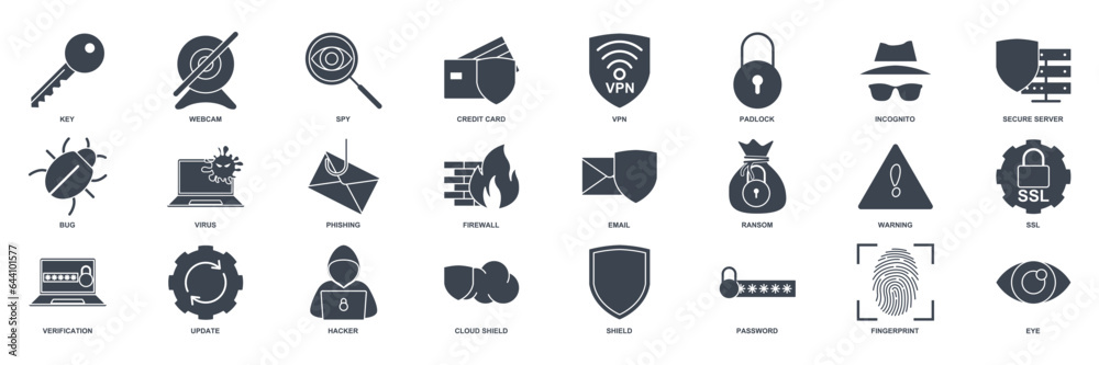 cyber security icon set, Included icons as Shield, Password, Bug and ...