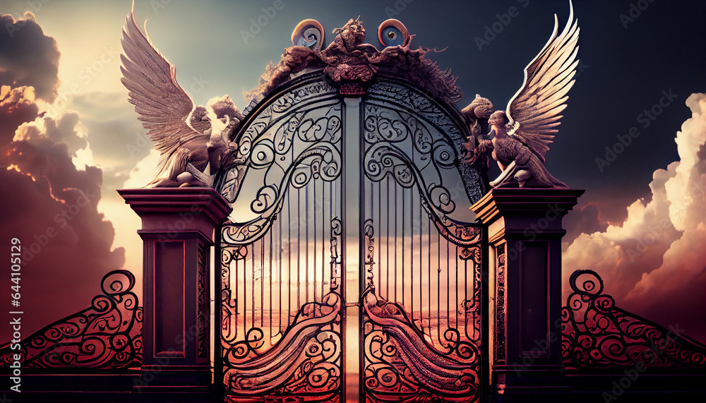 The gates, doors to heaven in the sky with angel wings and clouds, Ai ...