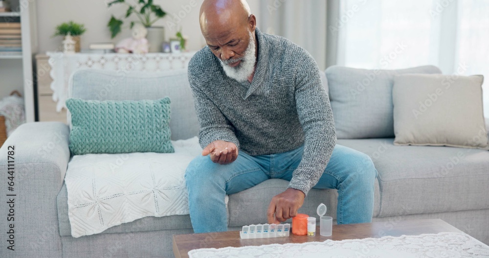 Container, senior black man and organise pills tablet, health ...