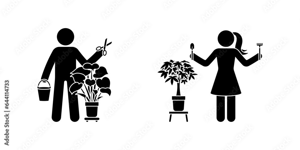 Stick figure man and woman gardening house flowers vector illustration ...
