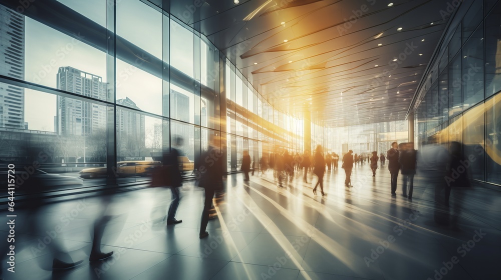 Long exposure shot of crowd of business people walking in bright office ...