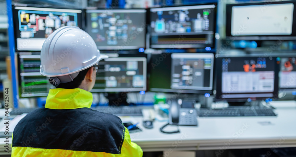 Inside the large Industry Factory Female Computer Engineer Works on ...