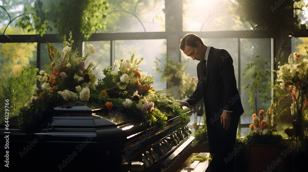 Death, funeral and coffin with family mourning, sad and depressed for ...
