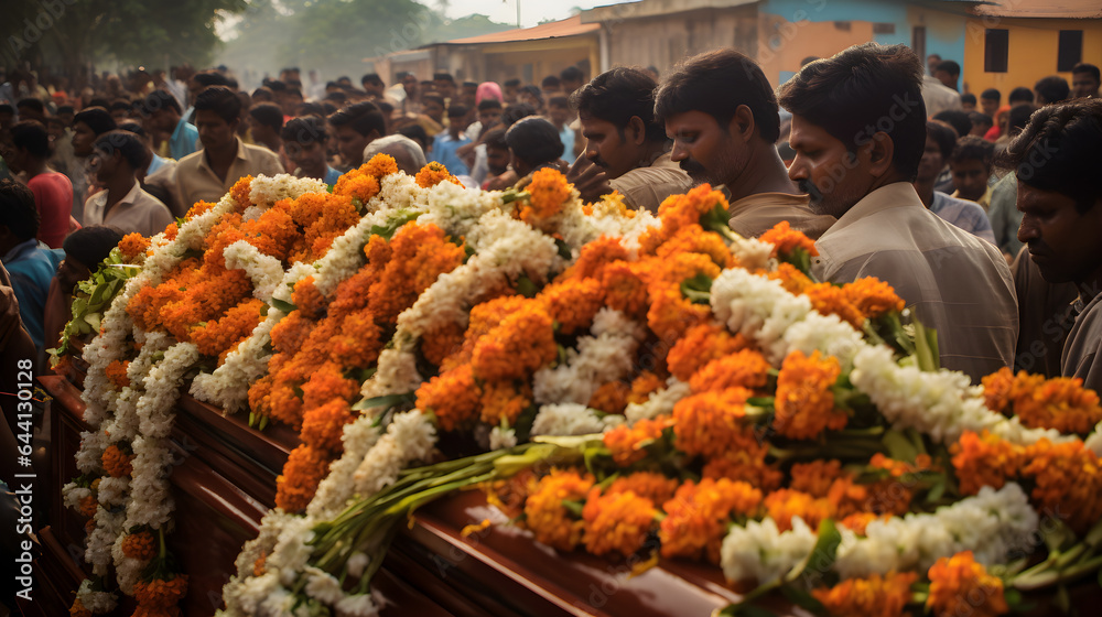 funeral ceremony in India with a lot of people and coffin with flowers ...