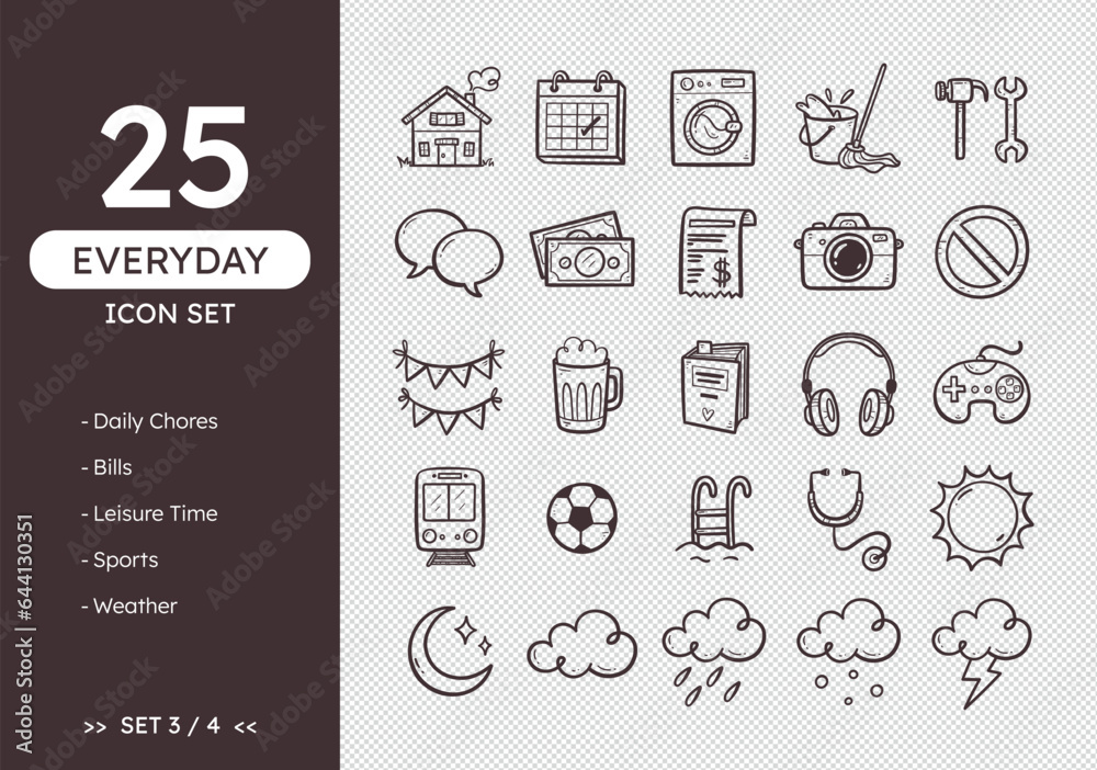 Everyday icon set. Hand-drawn daily life icons, perfect for calendars ...