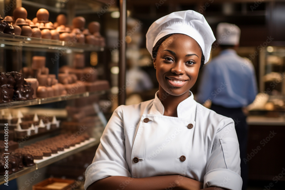 Happy chocolatier in chef hat standing with crossed arms near tasty ...