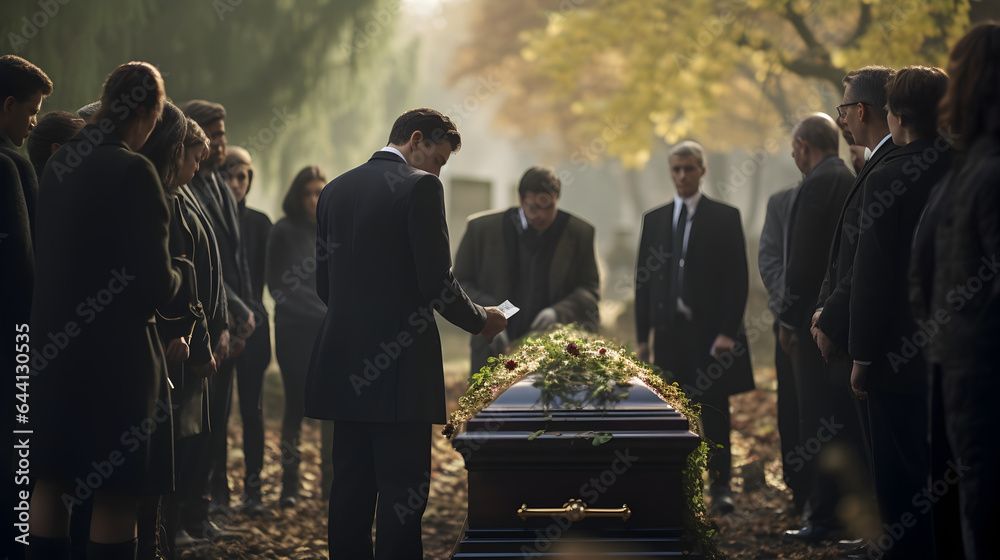 Death, funeral and coffin with family mourning, sad and depressed for grieving time. Grief ...