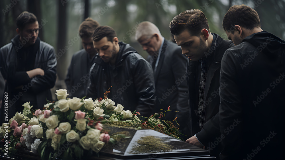 Death, funeral and coffin with family mourning, sad and depressed for ...