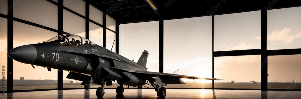 Interior view, a generic military fighter jet, parked, inside a ...