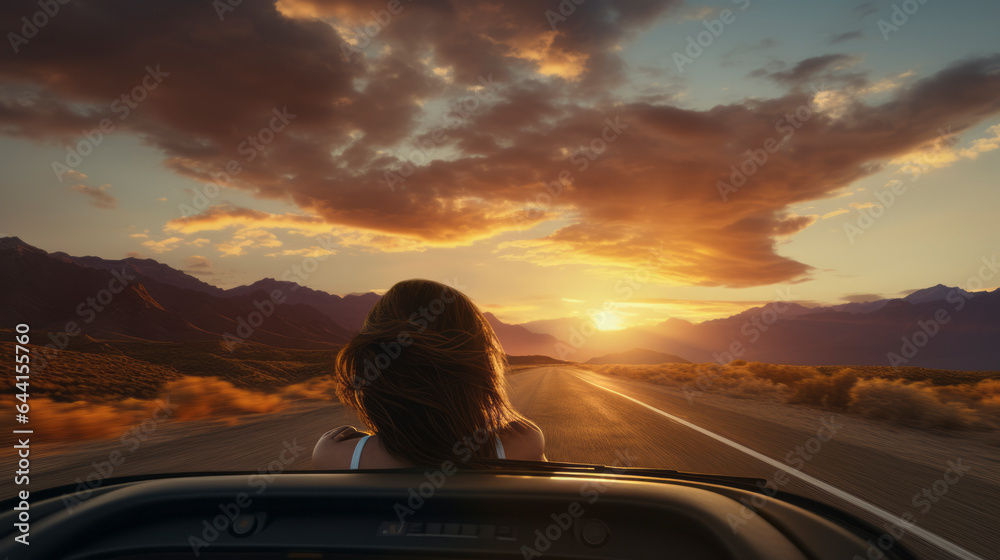 rear view of young caucasian woman with arms outstretched standing out ...