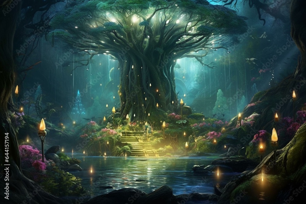 Imaginative, enchanting artwork portraying an elven realm and a ...
