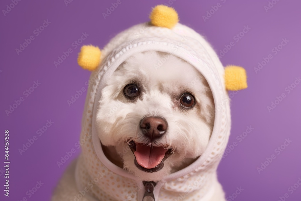 Close-up portrait photography of a smiling bichon frise wearing a bee ...