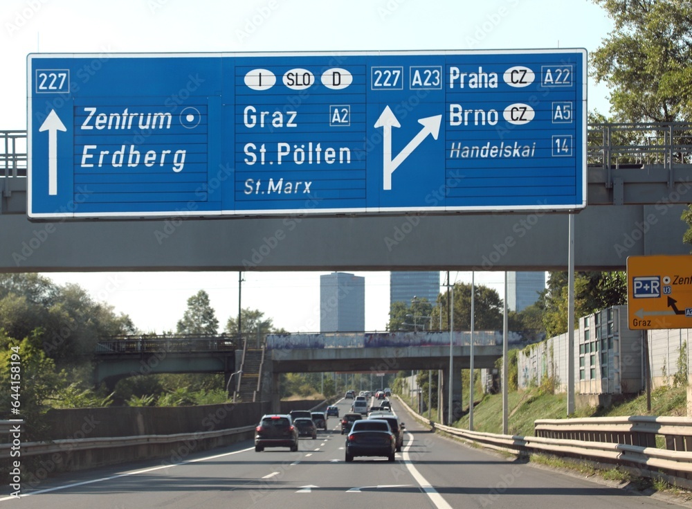 Road signs in Austria to reach the border and various European place ...