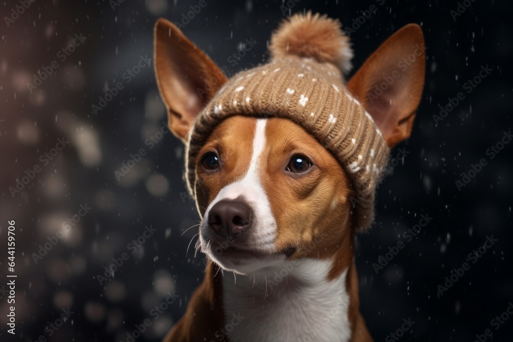 Medium shot portrait photography of a happy basenji dog wearing a ...