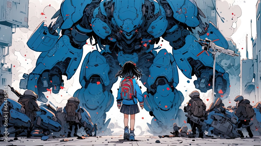 Anime girl with a giant mech robot warrior. Stock Illustration | Adobe ...