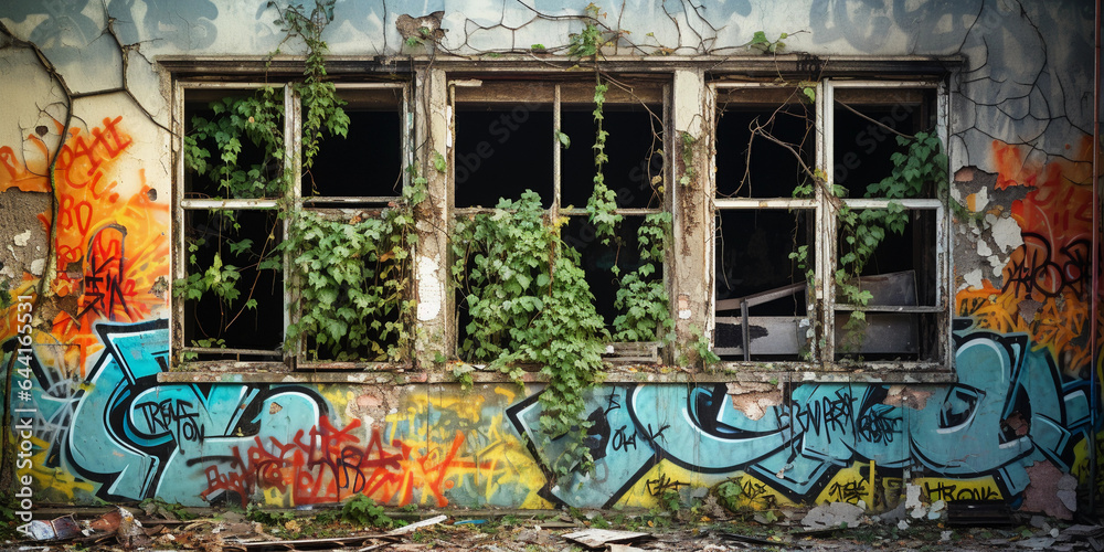 street art on an abandoned building, broken windows, creeping ivy ...