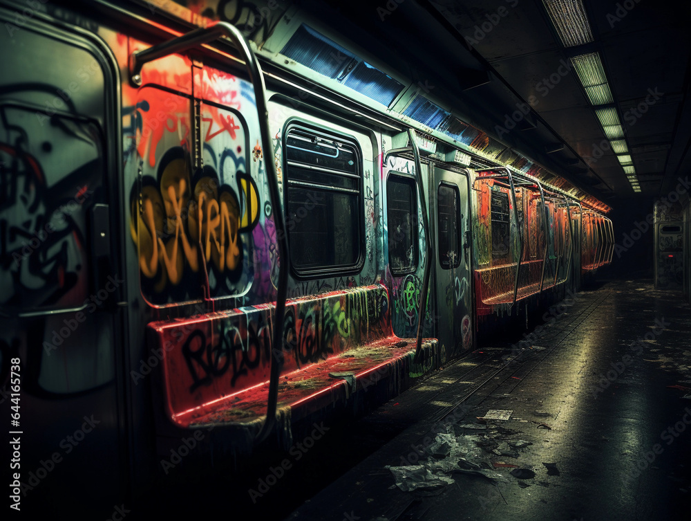graffiti art on a subway train, metallic surfaces, rust and wear, neon ...