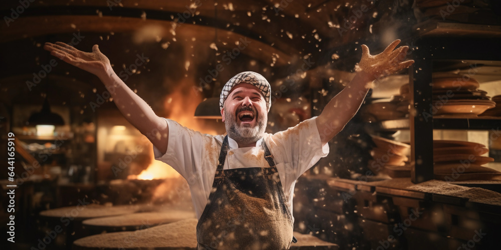 chef in a bustling Italian pizzeria, tossing pizza dough in the air ...
