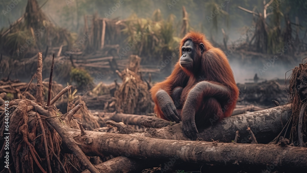Desolation caused by deforestation, orangutan sits on felled tree ...