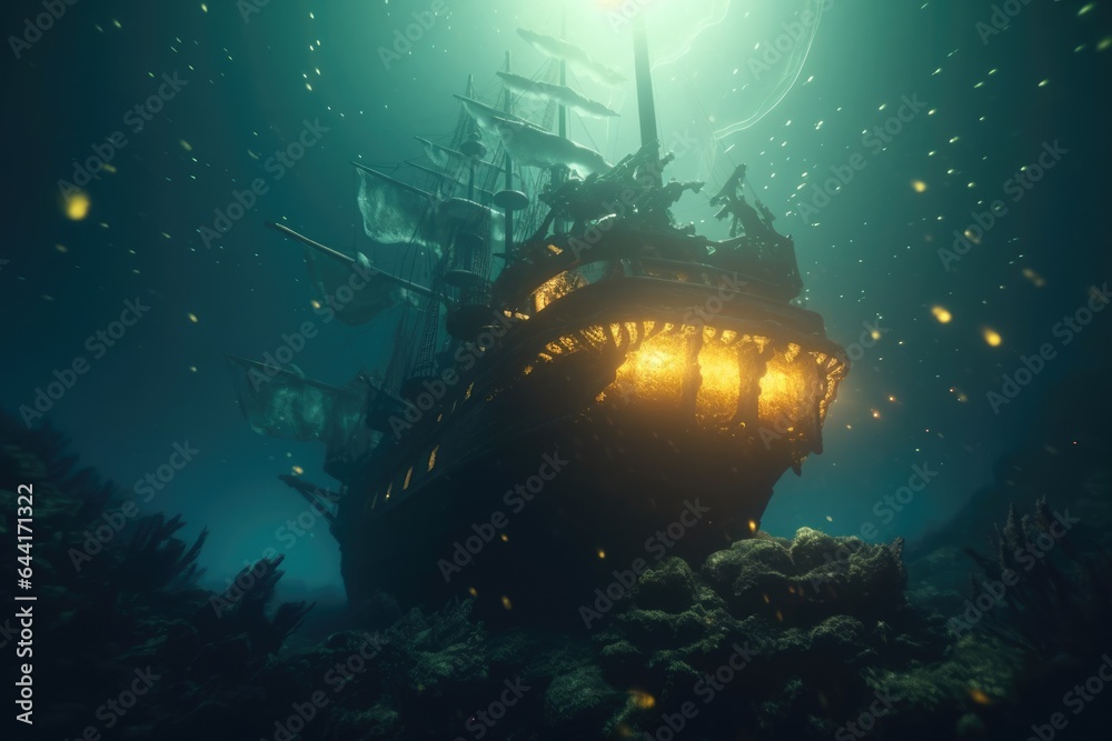 Glowing sunken pirate ship underwater with a giant squid. beautiful ...