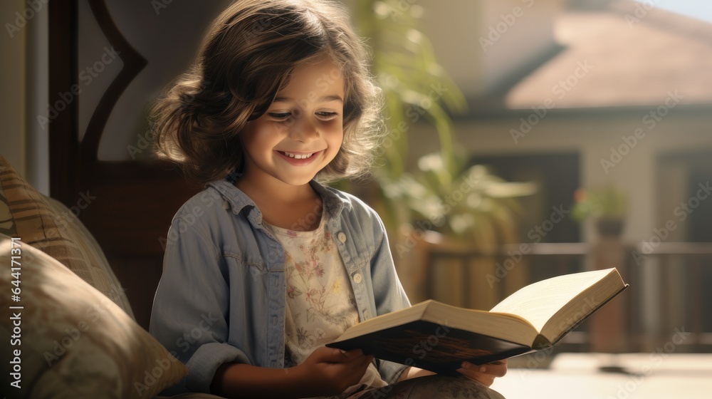 Child girl is reading a book setting on her grandmother's balcony ...