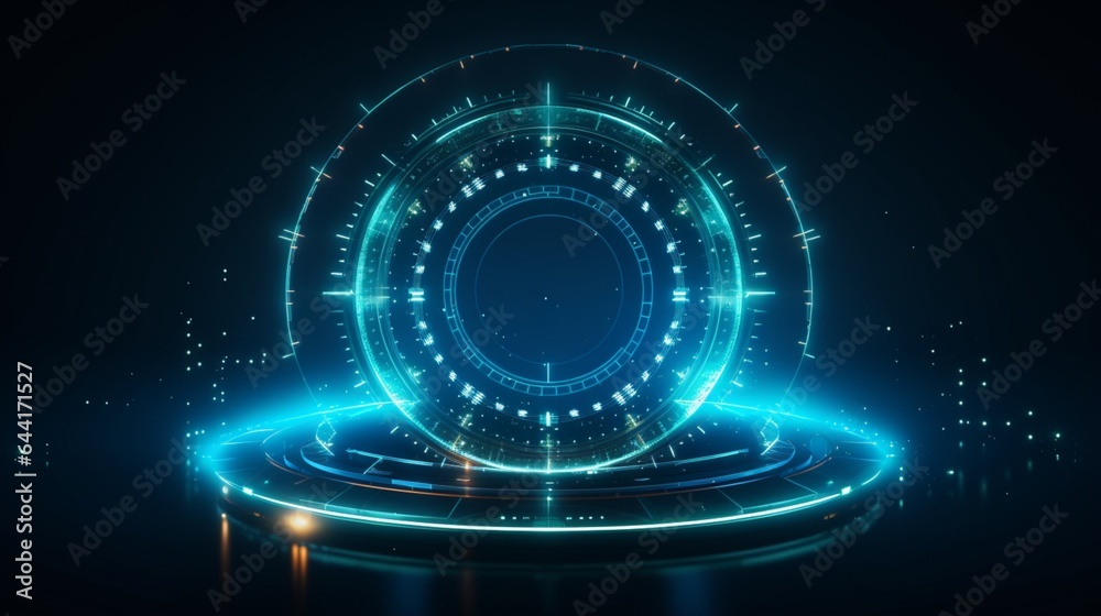 Abstract futuristic object . HUD elemet . 3D hologram display consist of glowing particles and ...