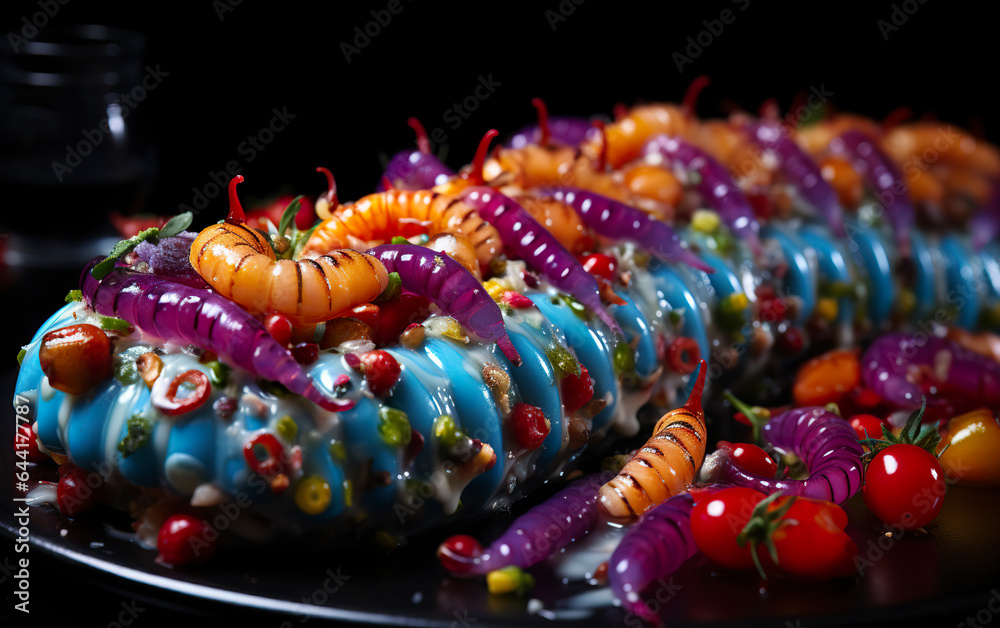 Exotic cuisine of gummy worm pizza with blue cheese. Unconventional ...
