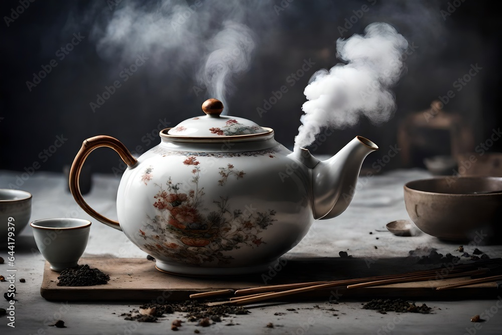 Produce an exquisite portrayal of a porcelain teapot with steam rising ...