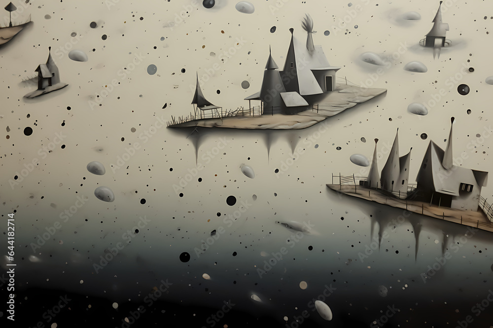 white background with a moon country theme, there is a pattern of black ...