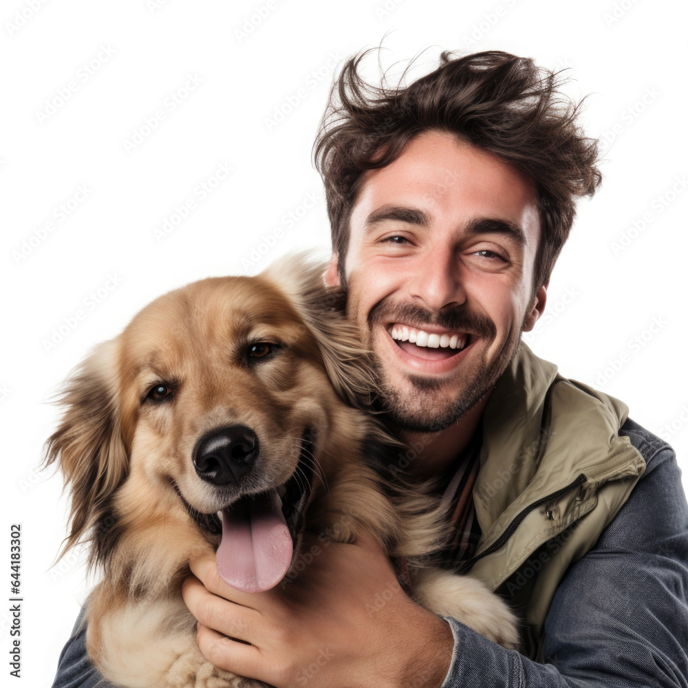 Happy man hugging his dog on white background. Pet care. Male owner has ...