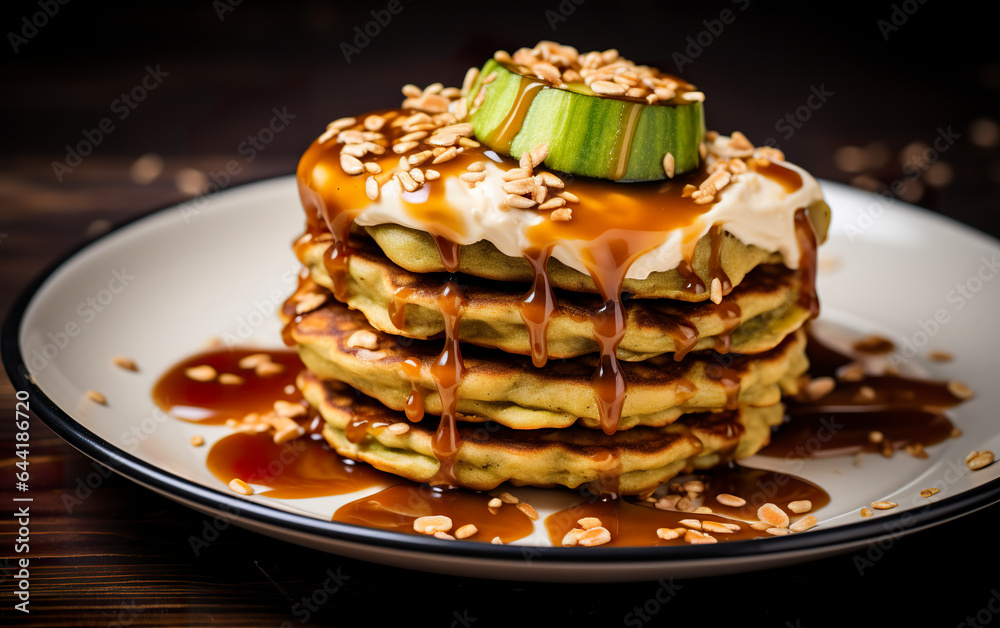 Unique creation of peanut butter and pickle pancakes. Combination of ...